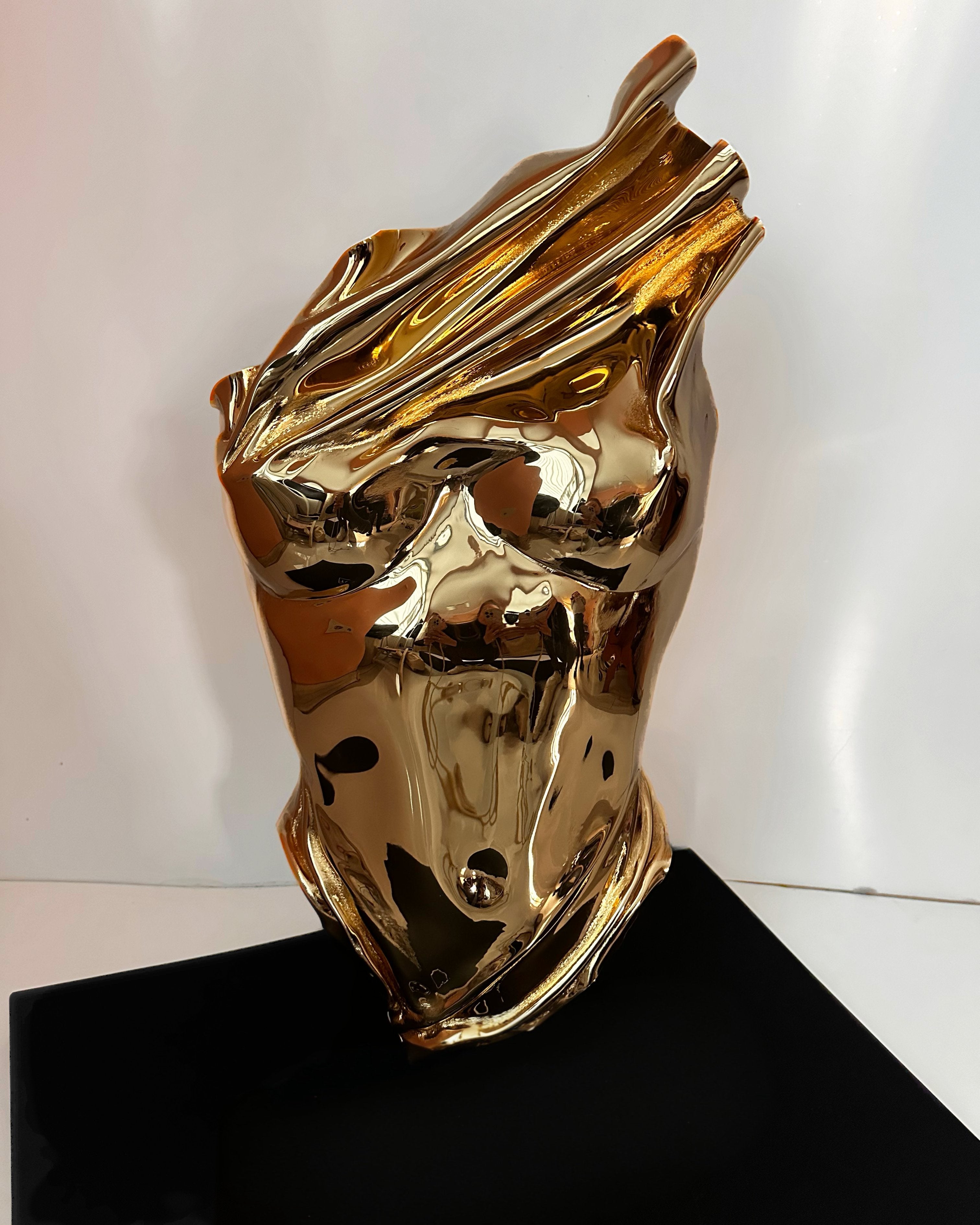 Lustrous gold corset, shiny metal melted strapless bustier, acrylic we ...